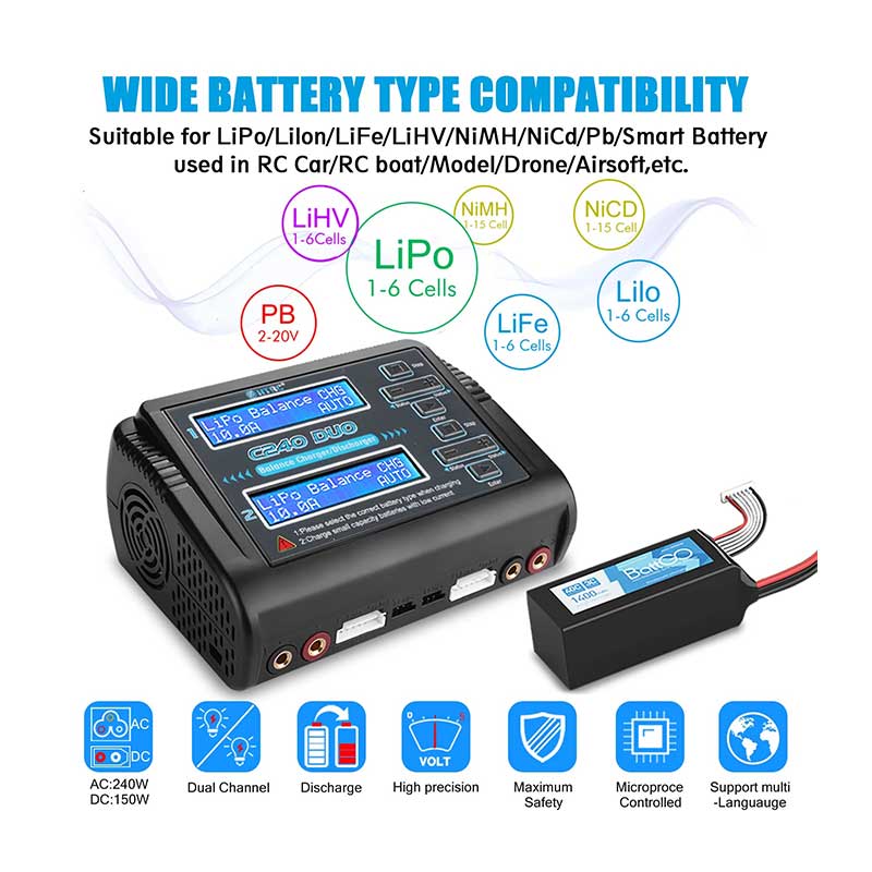 شارژر هوشمند مدل Lipo C240 Duo برند HTRC برای باتری‌های LiPo/Li-ion ...